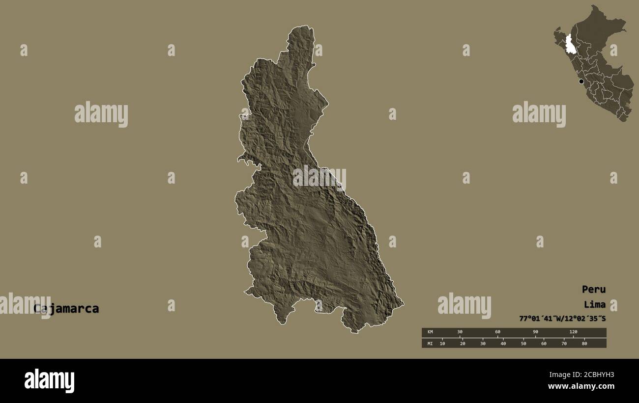 Shape of Cajamarca, region of Peru, with its capital isolated on solid ...