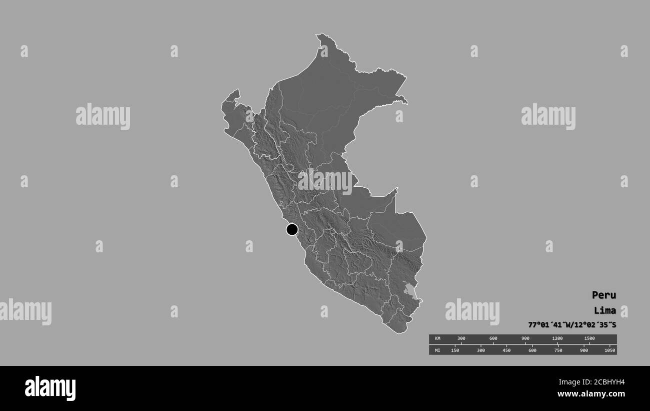 Desaturated shape of Peru with its capital, main regional division and ...