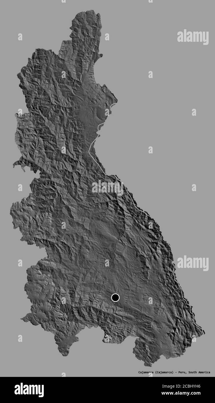 Shape of Cajamarca, region of Peru, with its capital isolated on a ...