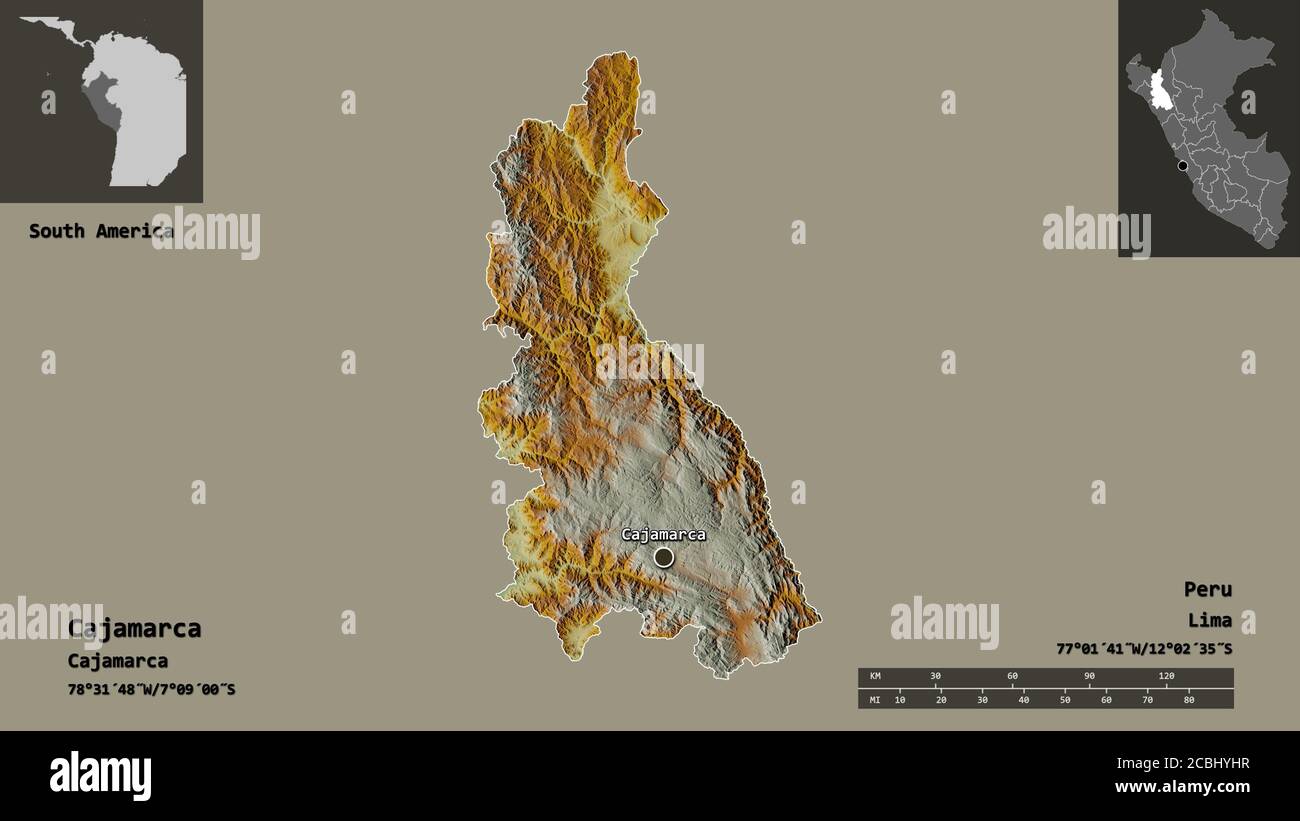 Shape of Cajamarca, region of Peru, and its capital. Distance scale ...