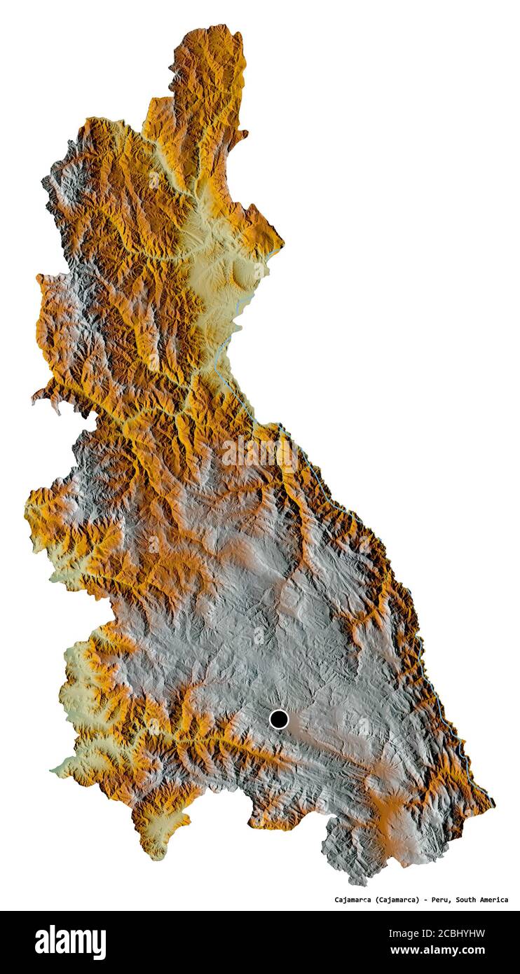 Shape of Cajamarca, region of Peru, with its capital isolated on white ...