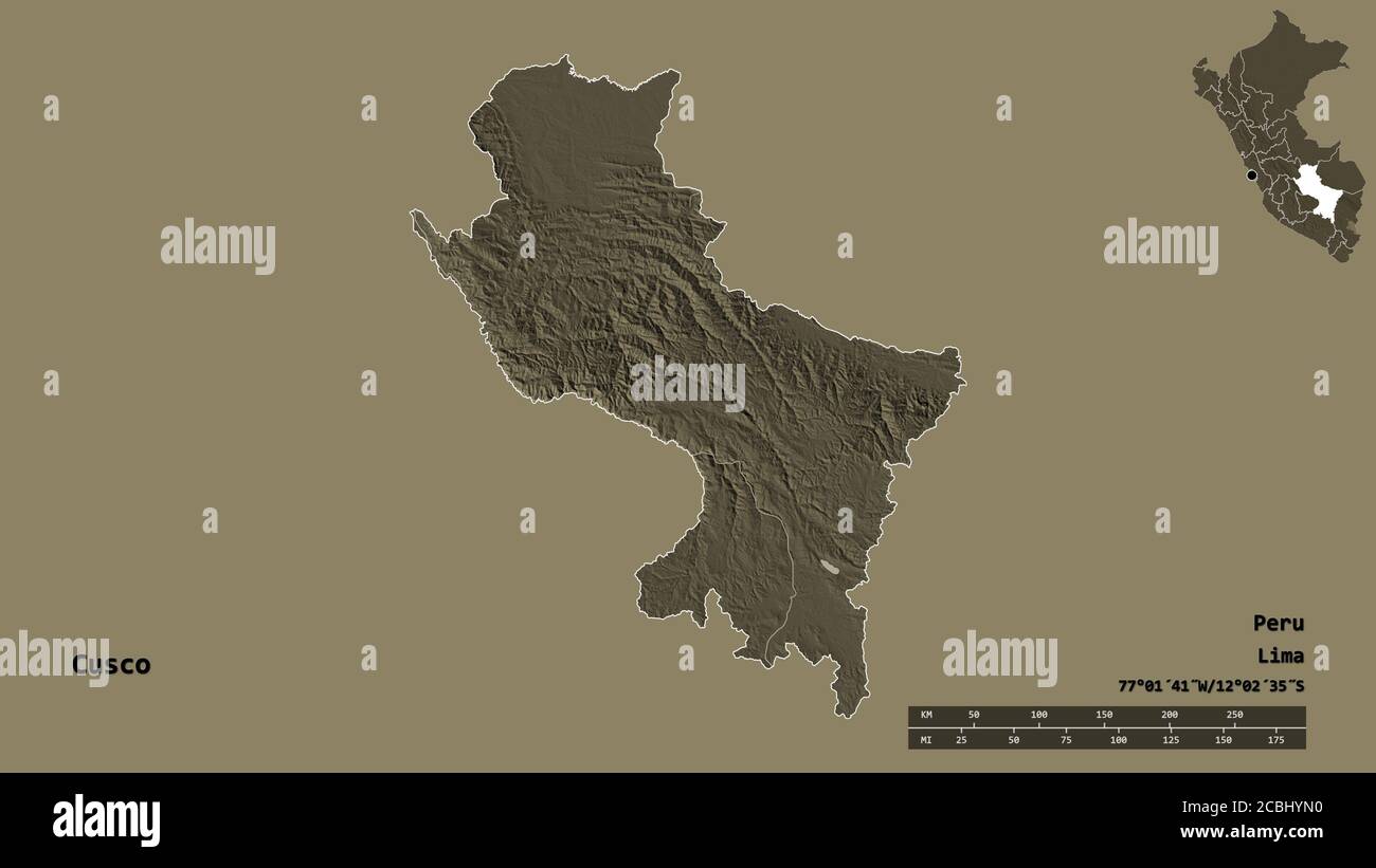 Shape of Cusco, region of Peru, with its capital isolated on solid ...