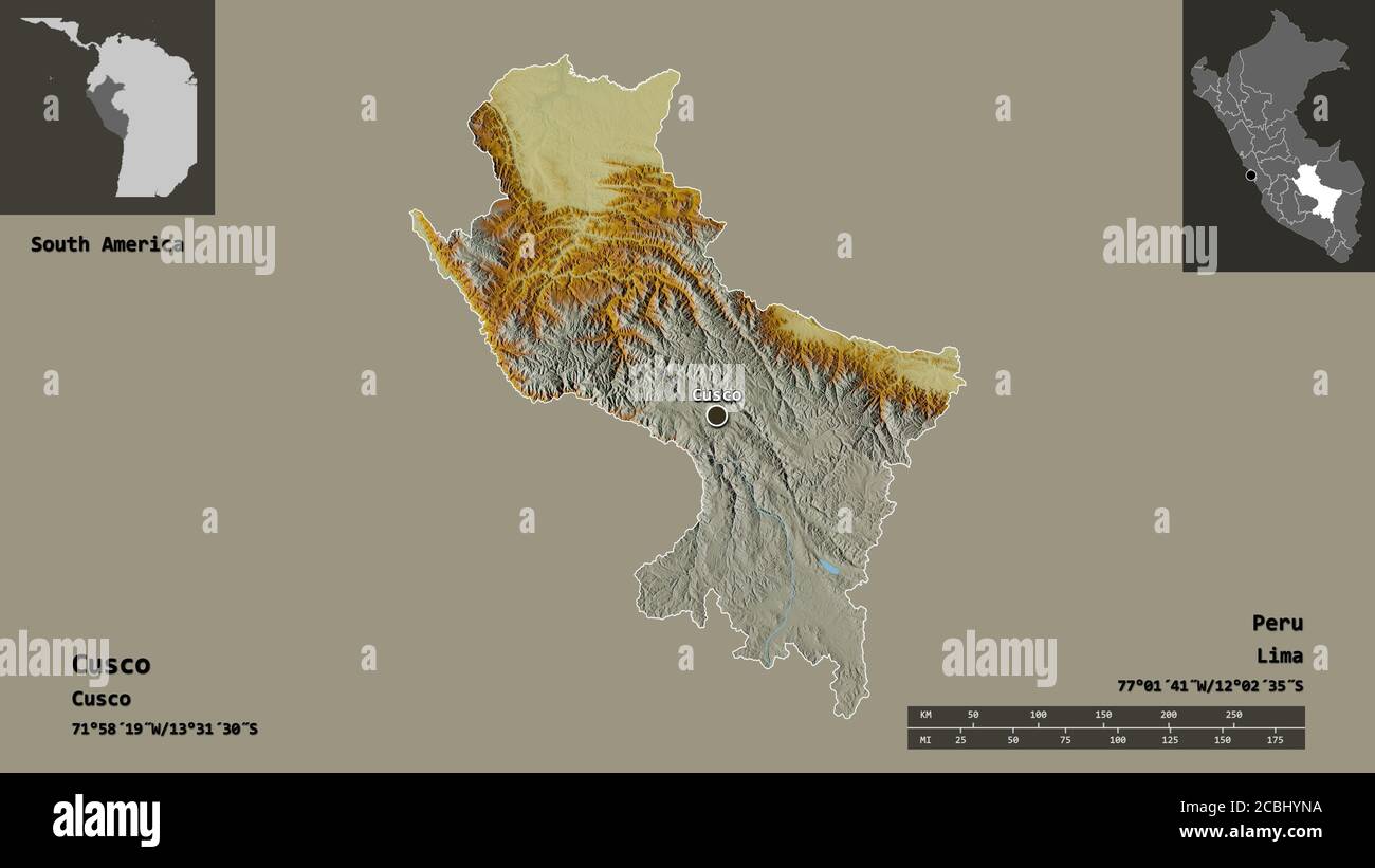 Shape of Cusco, region of Peru, and its capital. Distance scale ...