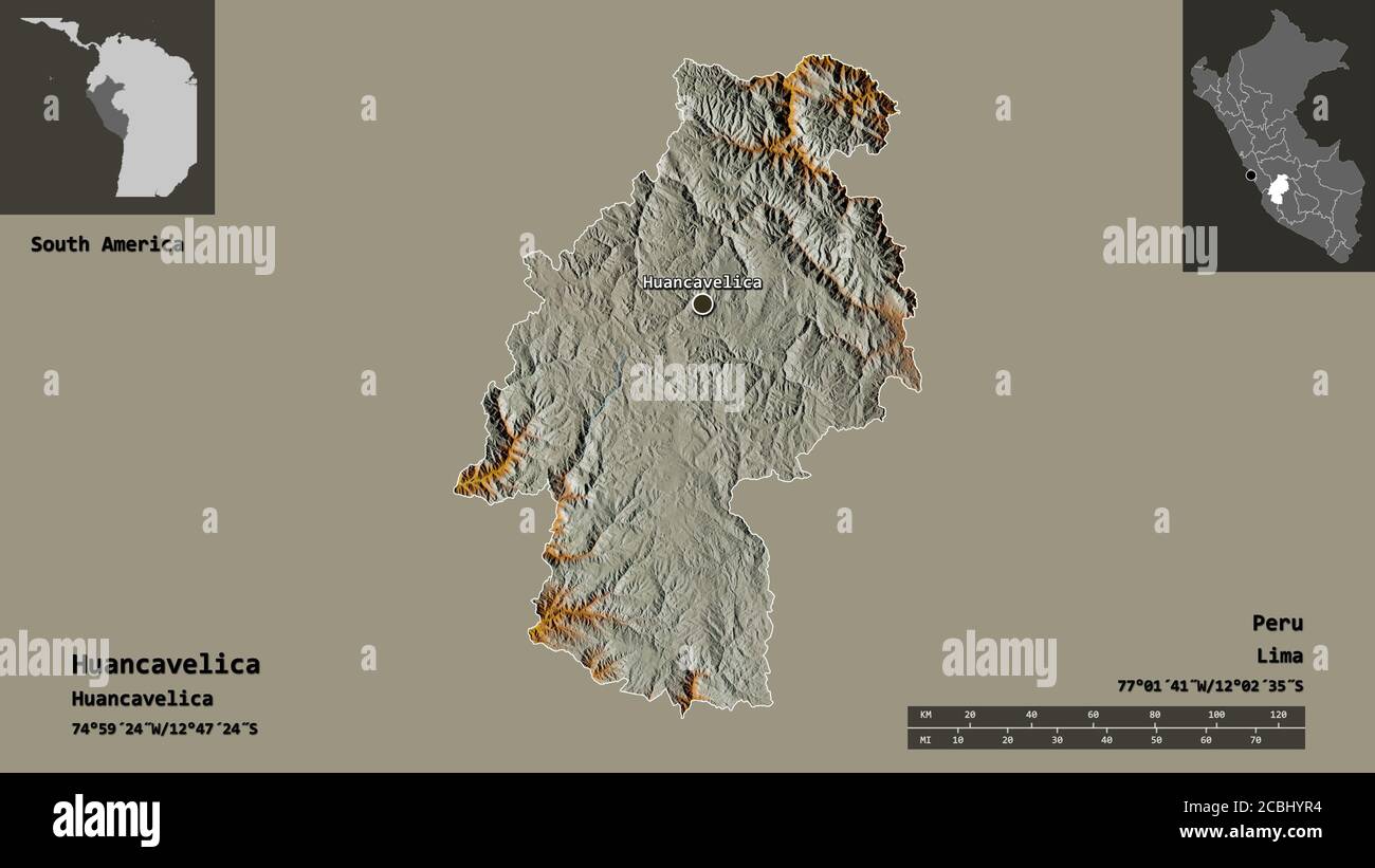 Shape of Huancavelica, region of Peru, and its capital. Distance scale ...