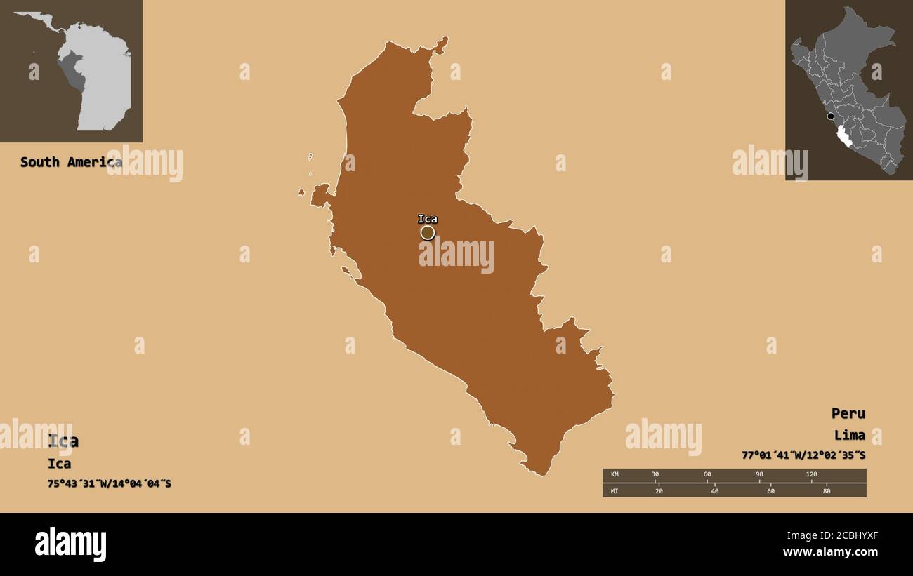 Shape of Ica, region of Peru, and its capital. Distance scale, previews ...