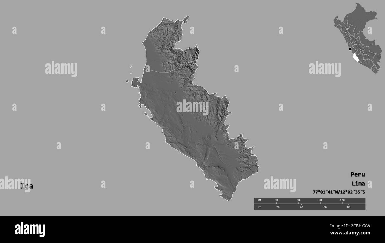 Shape of Ica, region of Peru, with its capital isolated on solid ...