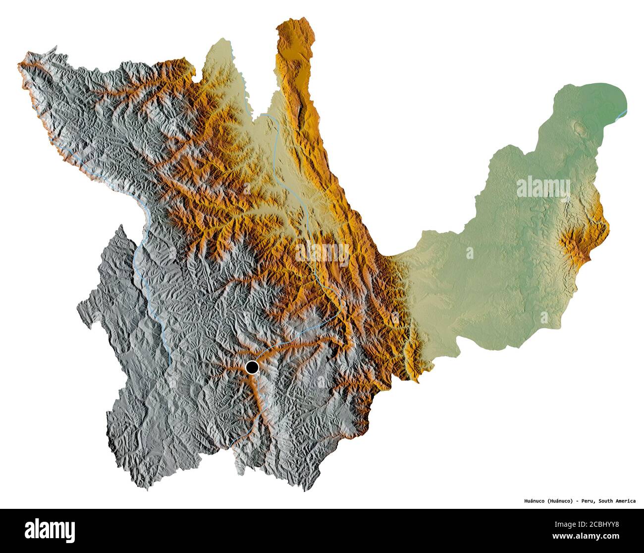 Shape of Huánuco, region of Peru, with its capital isolated on white ...