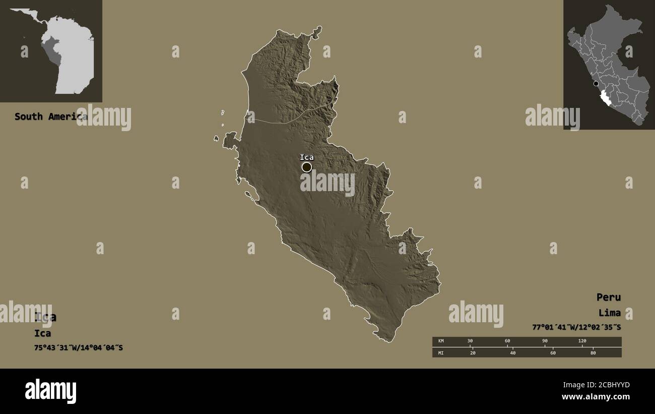 Shape of Ica, region of Peru, and its capital. Distance scale, previews ...