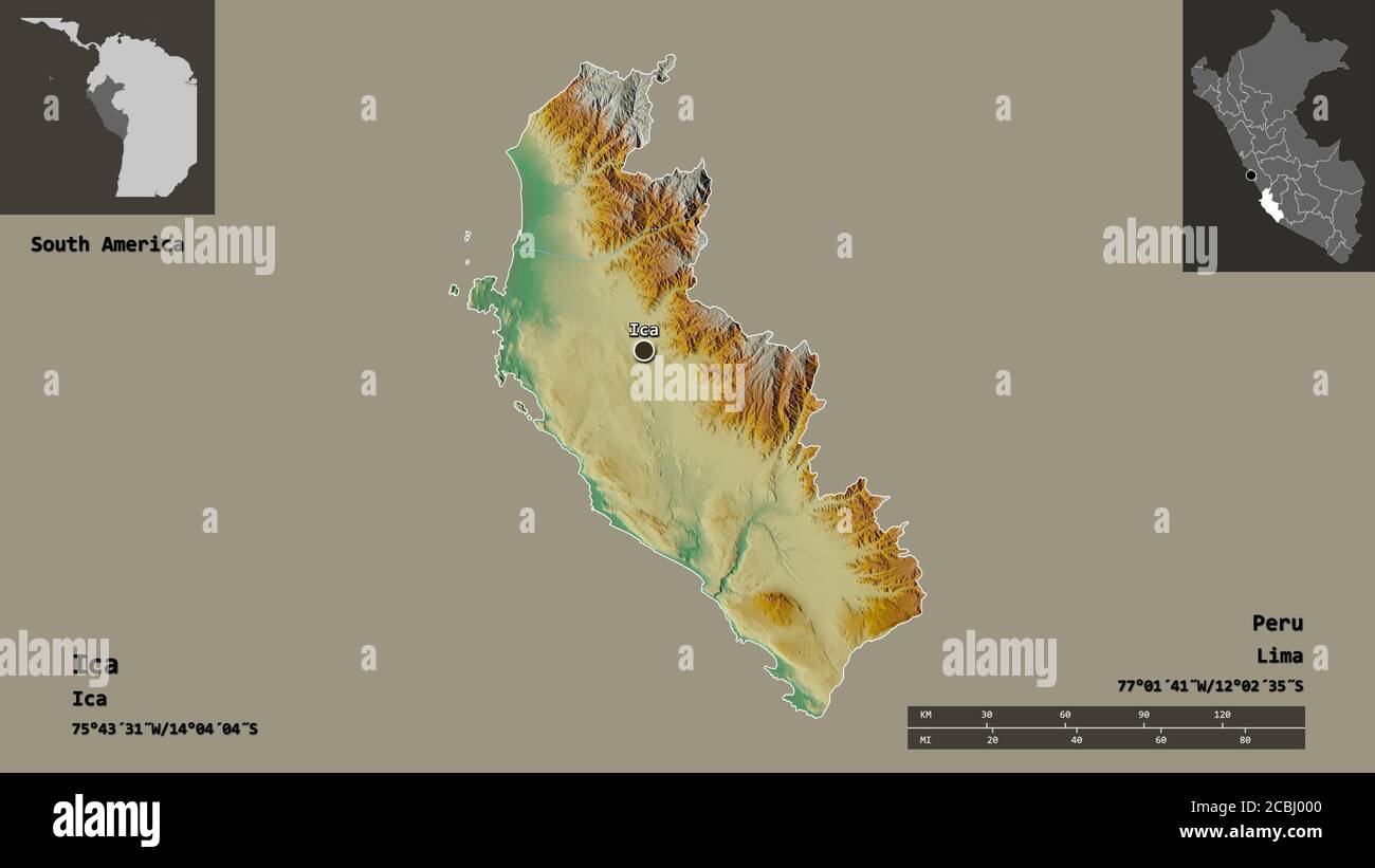 Shape of Ica, region of Peru, and its capital. Distance scale, previews ...