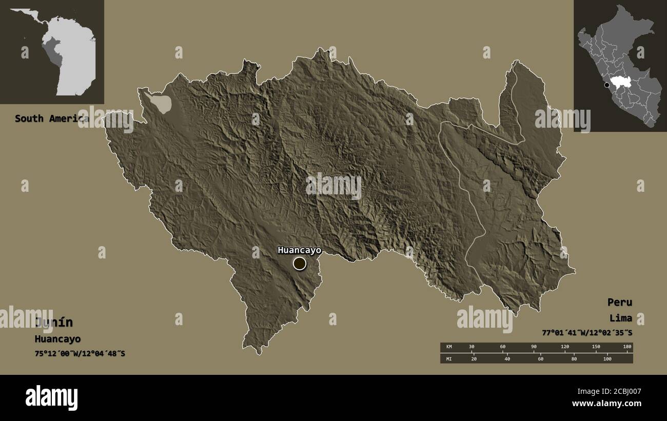 Shape of Junín, region of Peru, and its capital. Distance scale ...