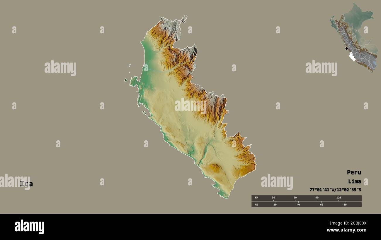 Shape of Ica, region of Peru, with its capital isolated on solid ...