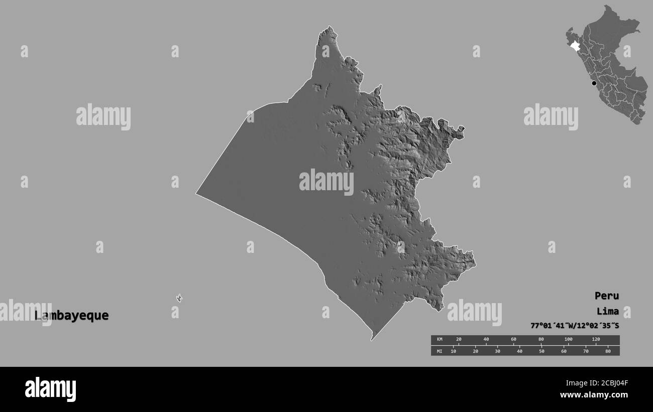 Shape of Lambayeque, region of Peru, with its capital isolated on solid ...