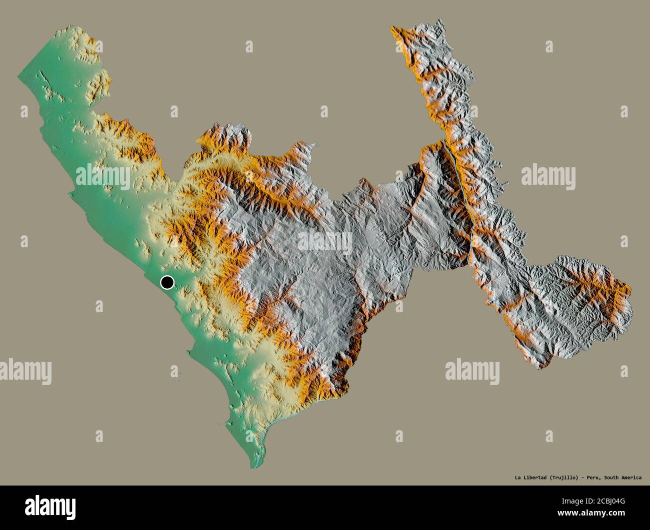 Shape of La Libertad, region of Peru, with its capital isolated on a ...