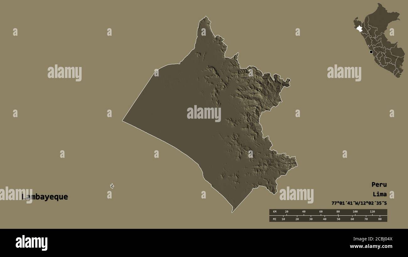 Shape of Lambayeque, region of Peru, with its capital isolated on solid ...