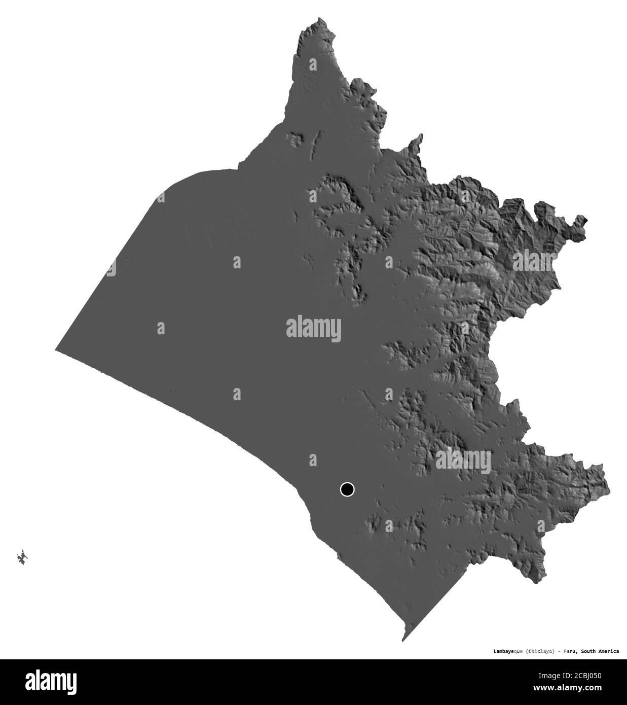Shape of Lambayeque, region of Peru, with its capital isolated on white ...
