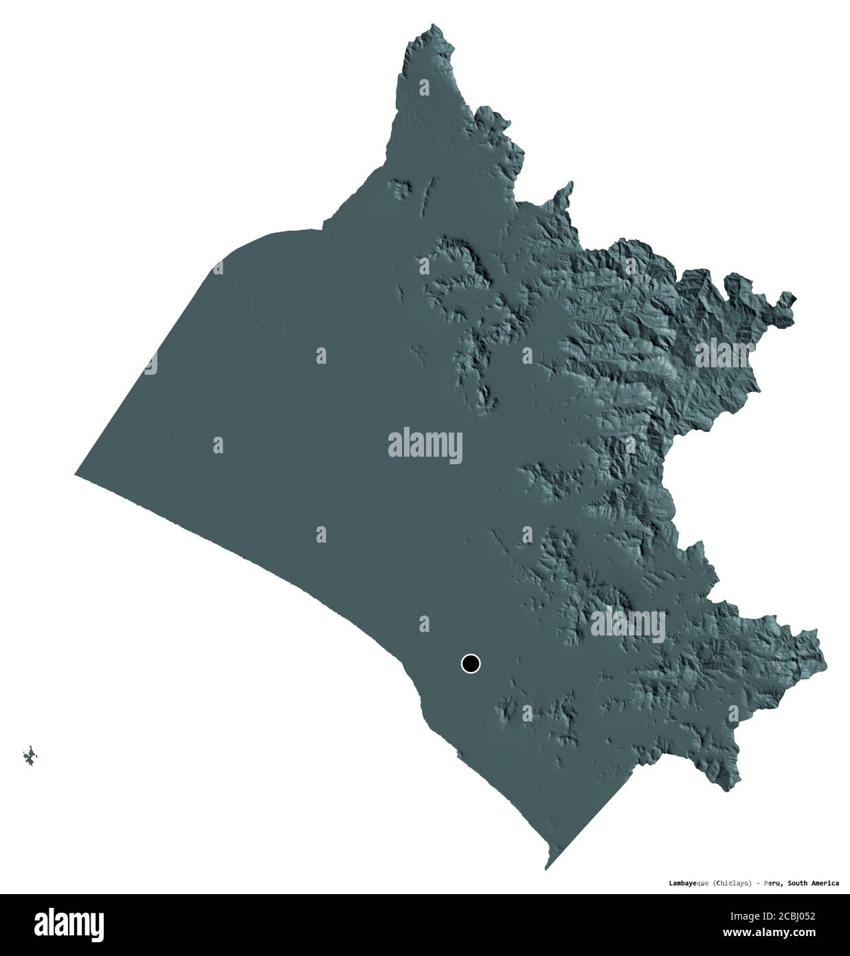 Shape of Lambayeque, region of Peru, with its capital isolated on white ...