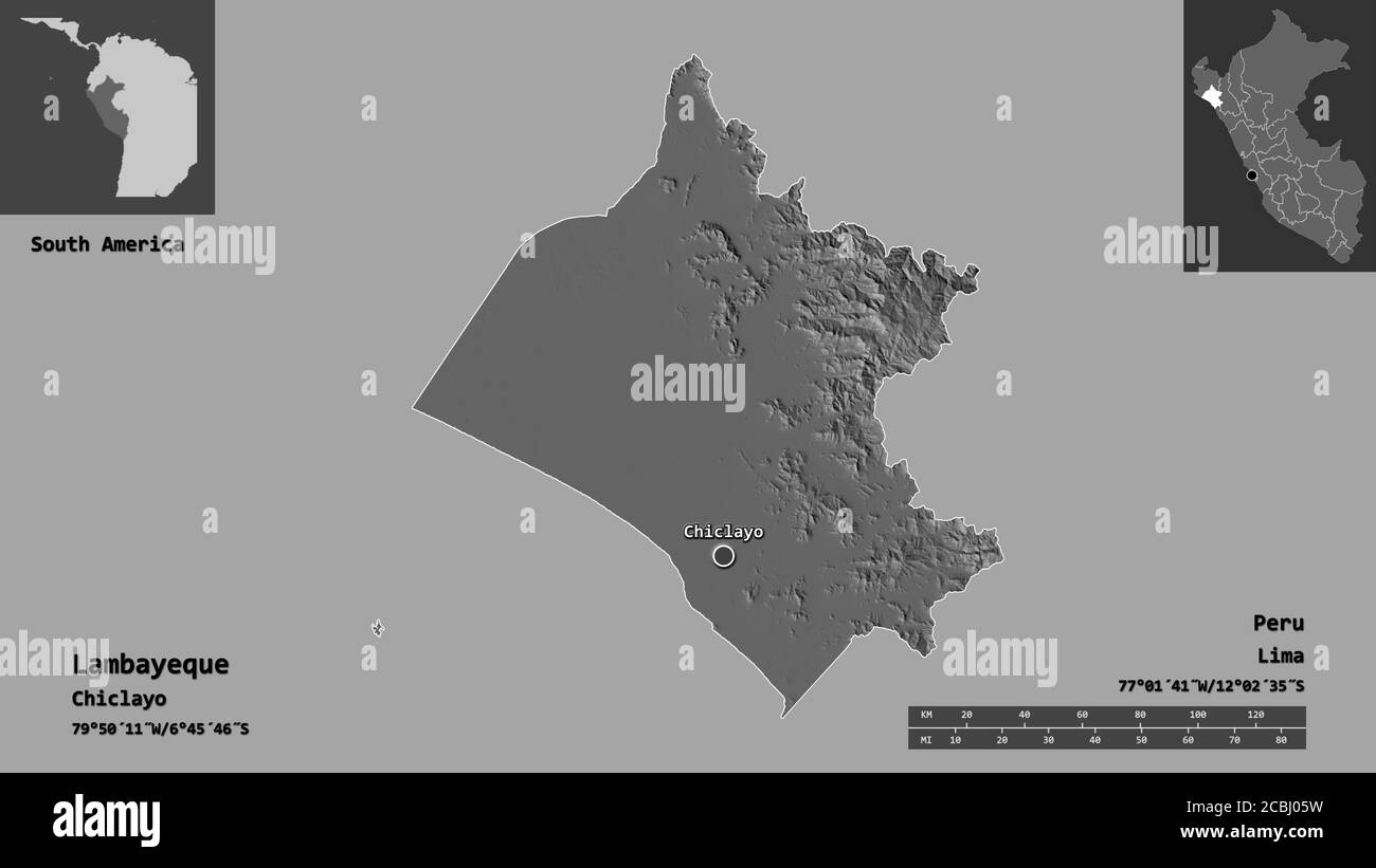 Shape of Lambayeque, region of Peru, and its capital. Distance scale ...