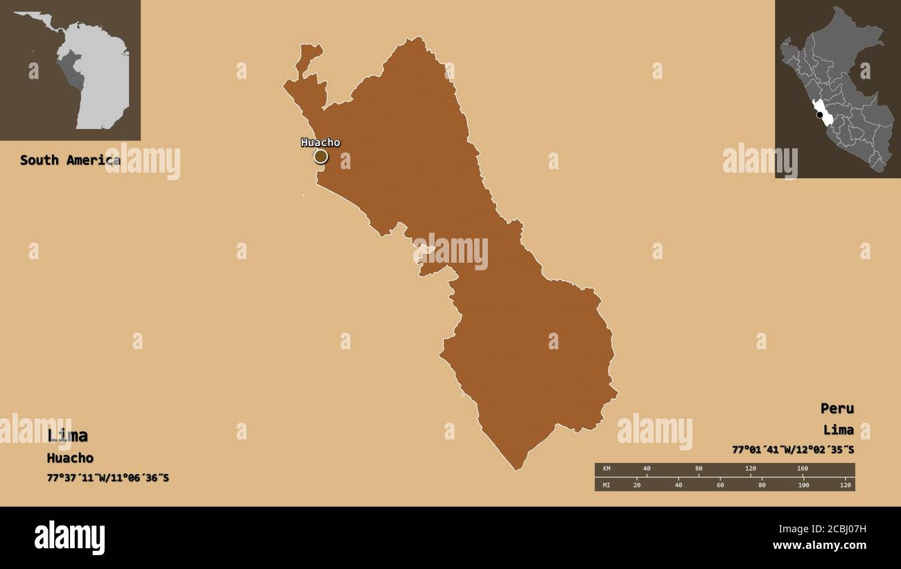 Shape of Lima, region of Peru, and its capital. Distance scale ...