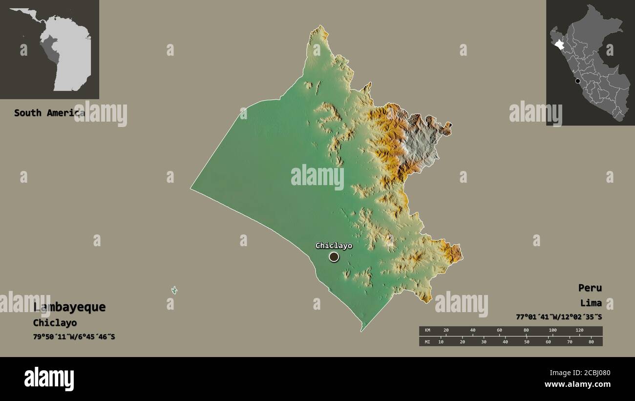 Shape of Lambayeque, region of Peru, and its capital. Distance scale ...