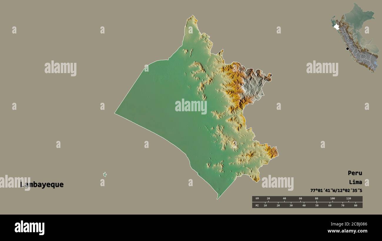 Shape of Lambayeque, region of Peru, with its capital isolated on solid ...