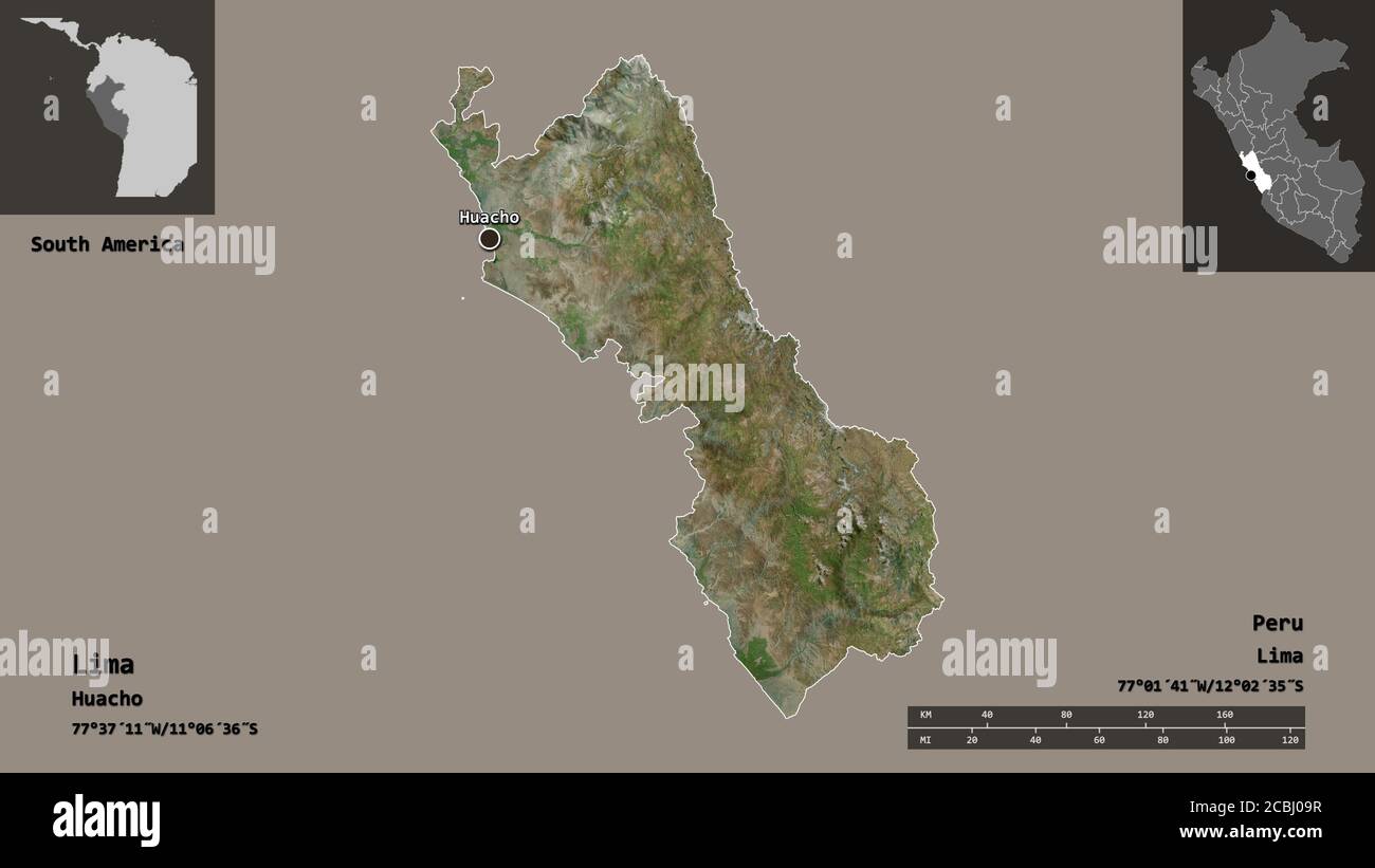 Shape of Lima, region of Peru, and its capital. Distance scale ...