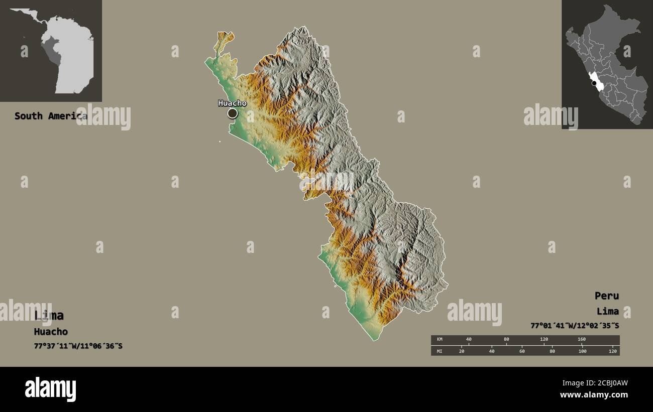 Shape of Lima, region of Peru, and its capital. Distance scale ...