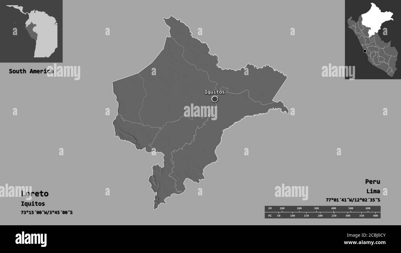 Shape of Loreto, region of Peru, and its capital. Distance scale ...