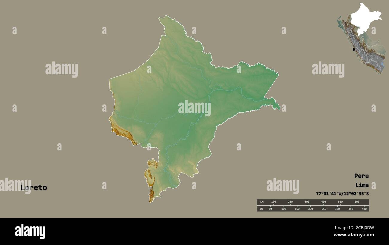 Shape of Loreto, region of Peru, with its capital isolated on solid ...