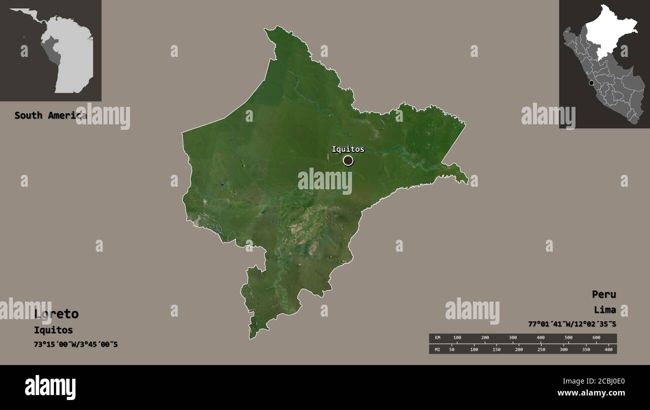 Shape of Loreto, region of Peru, and its capital. Distance scale ...