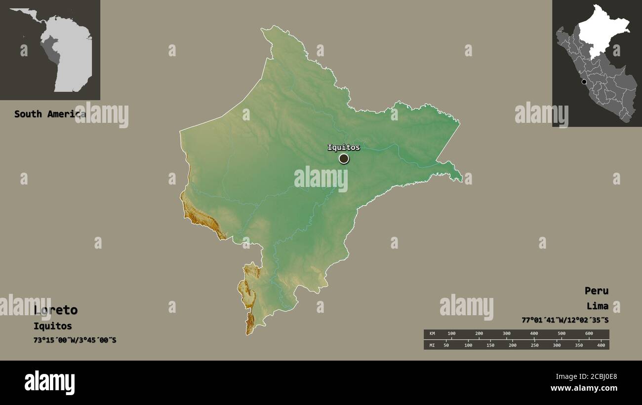 Shape of Loreto, region of Peru, and its capital. Distance scale ...