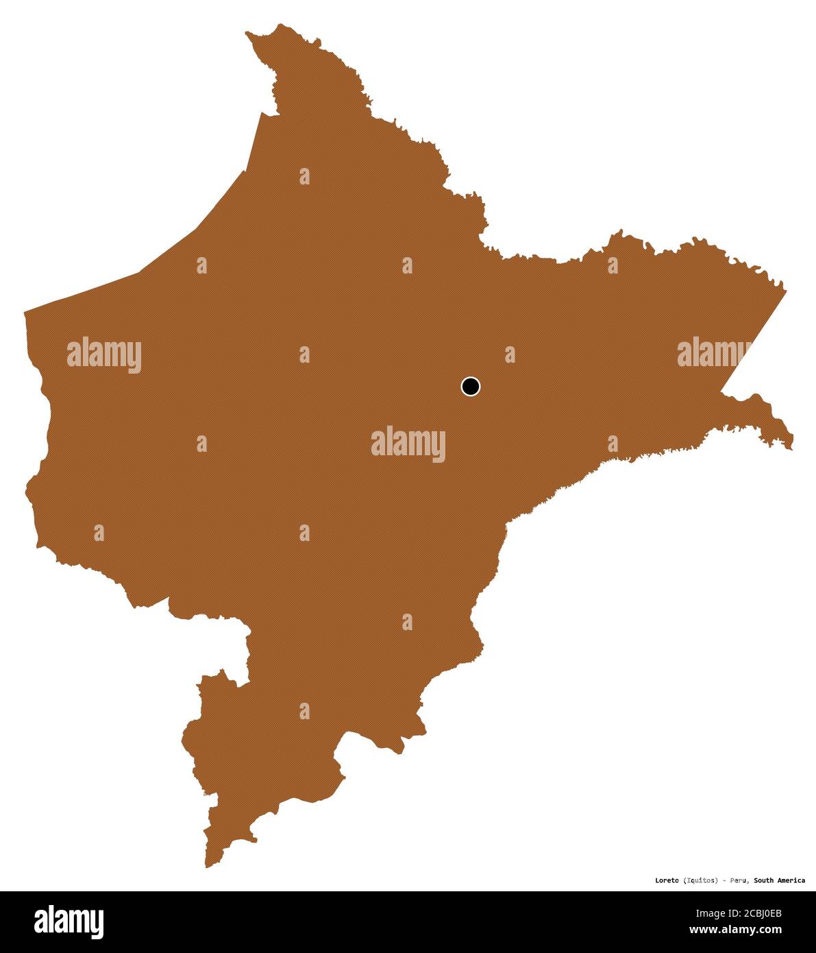 Shape of Loreto, region of Peru, with its capital isolated on white ...