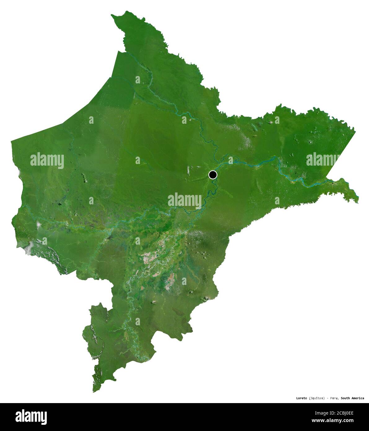 Shape of Loreto, region of Peru, with its capital isolated on white ...