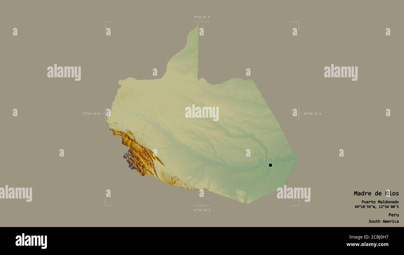 Area of Madre de Dios, region of Peru, isolated on a solid background ...
