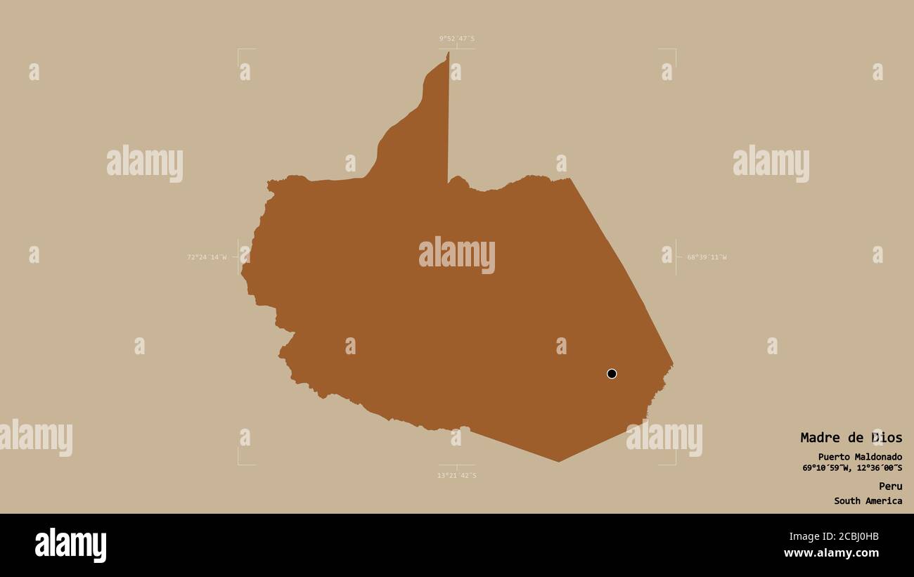 Area of Madre de Dios, region of Peru, isolated on a solid background ...