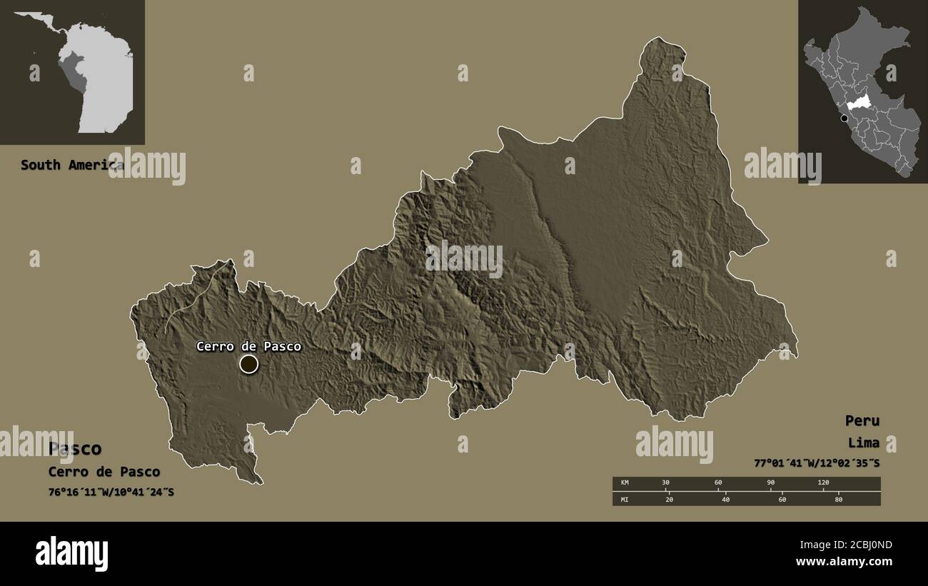 Shape of Pasco, region of Peru, and its capital. Distance scale ...