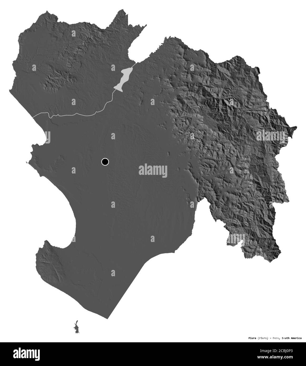 Shape of Piura, region of Peru, with its capital isolated on white ...