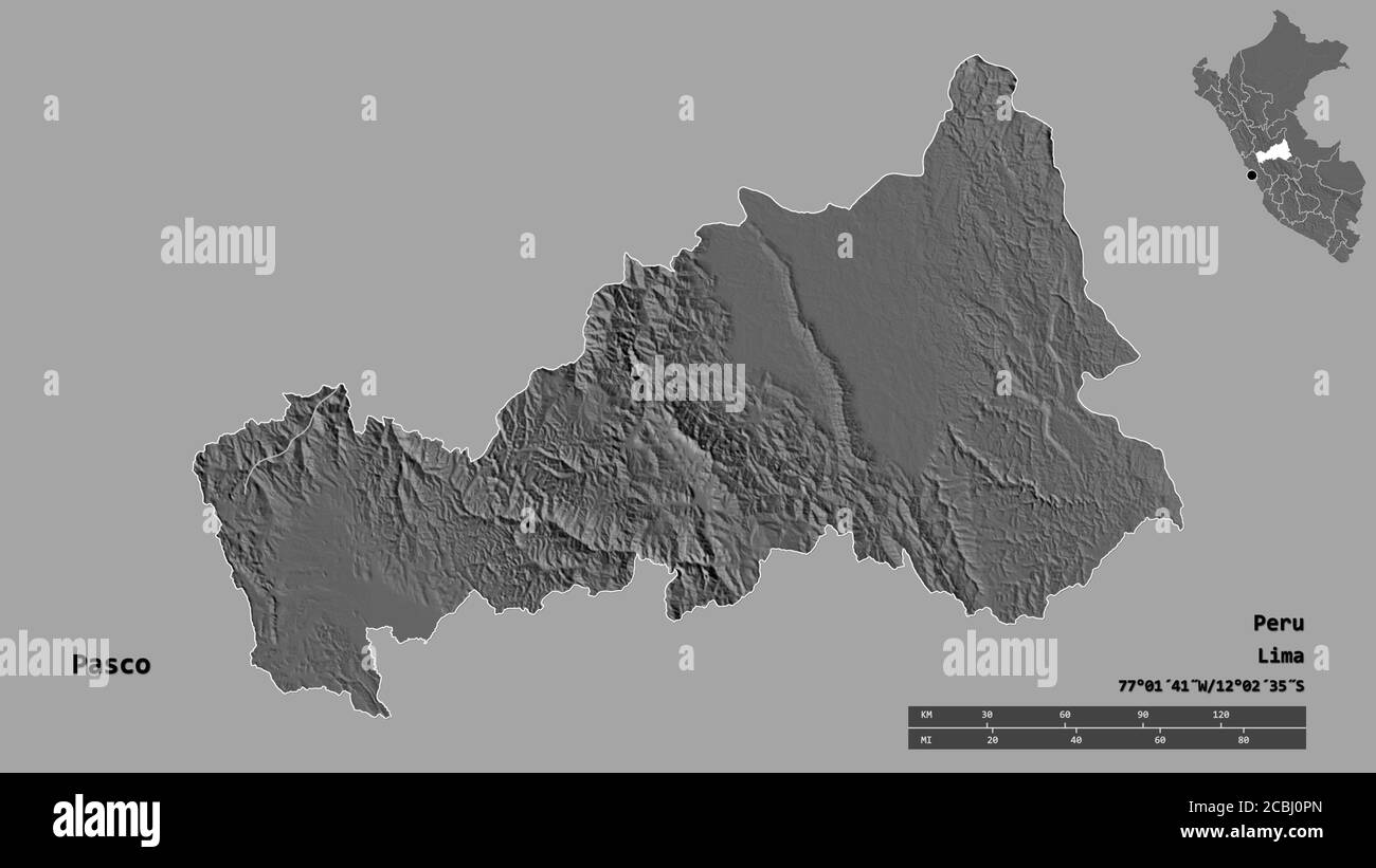 Shape of Pasco, region of Peru, with its capital isolated on solid ...