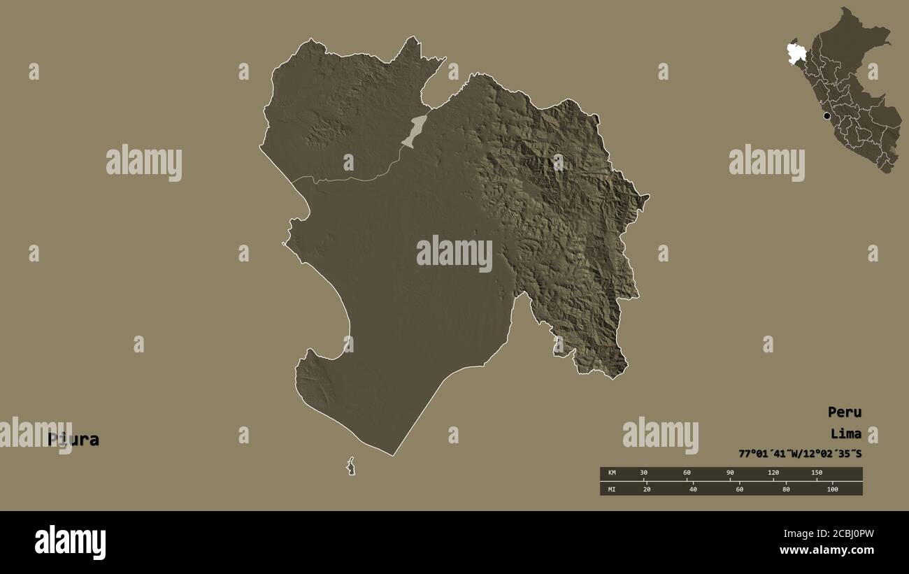 Shape of Piura, region of Peru, with its capital isolated on solid ...
