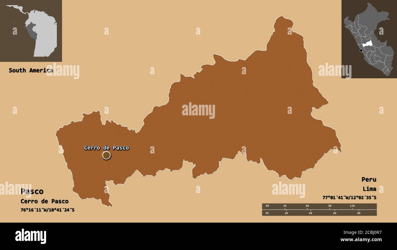 Shape of Pasco, region of Peru, and its capital. Distance scale ...