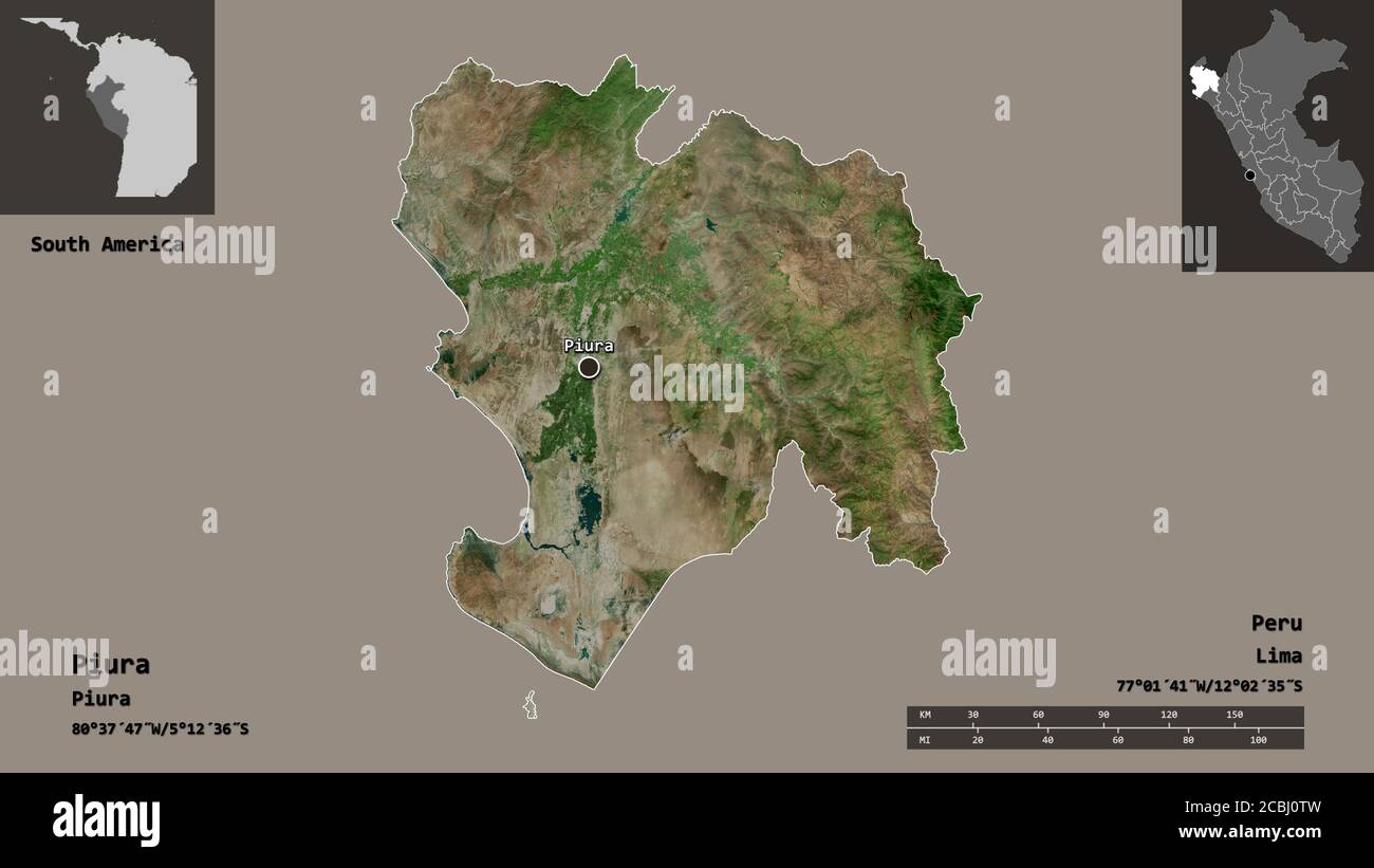 Shape of Piura, region of Peru, and its capital. Distance scale ...