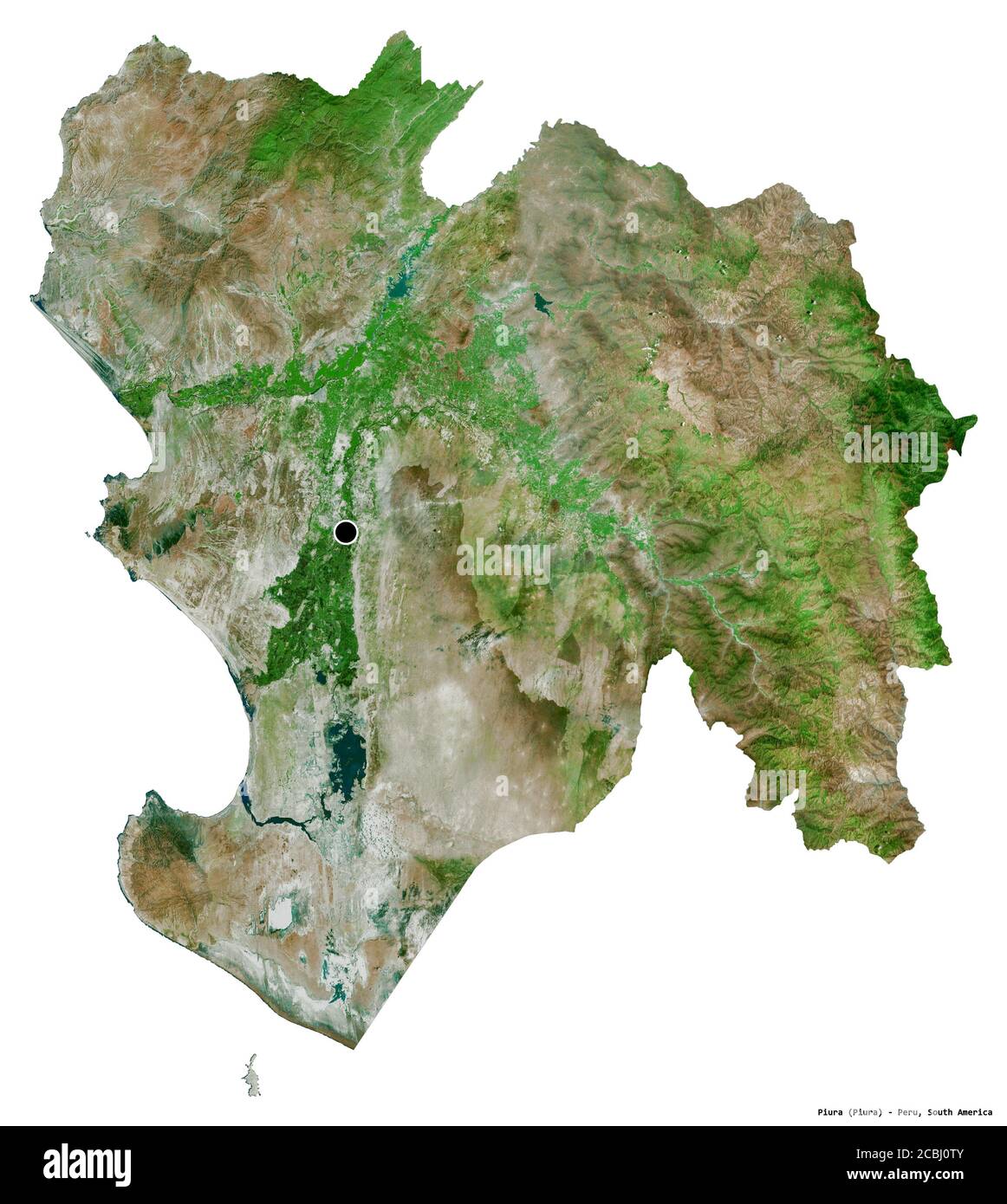 Shape of Piura, region of Peru, with its capital isolated on white ...