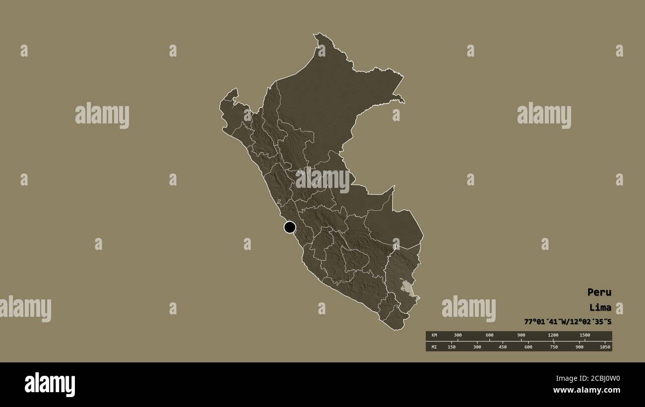 Desaturated shape of Peru with its capital, main regional division and ...