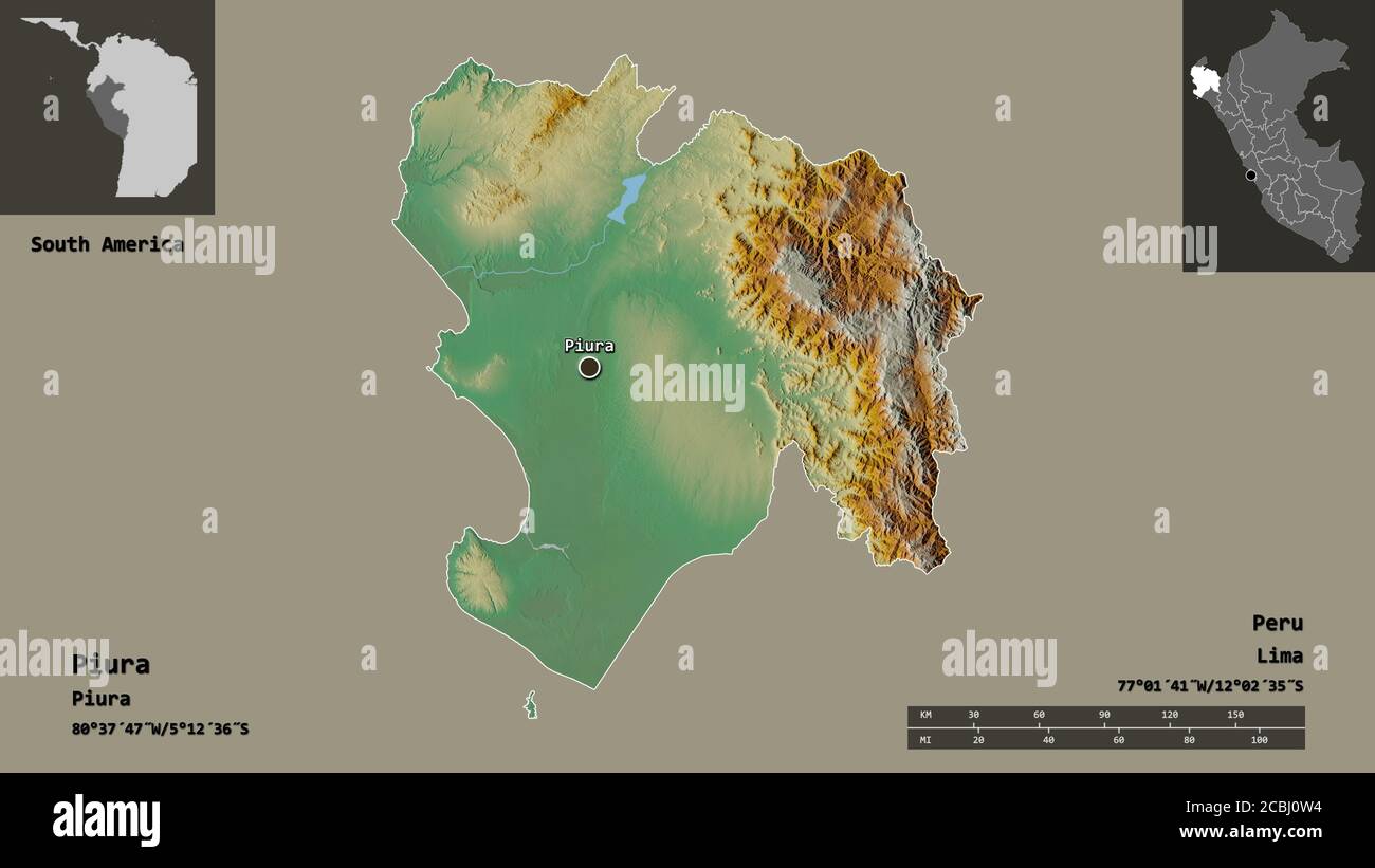 Shape of Piura, region of Peru, and its capital. Distance scale ...