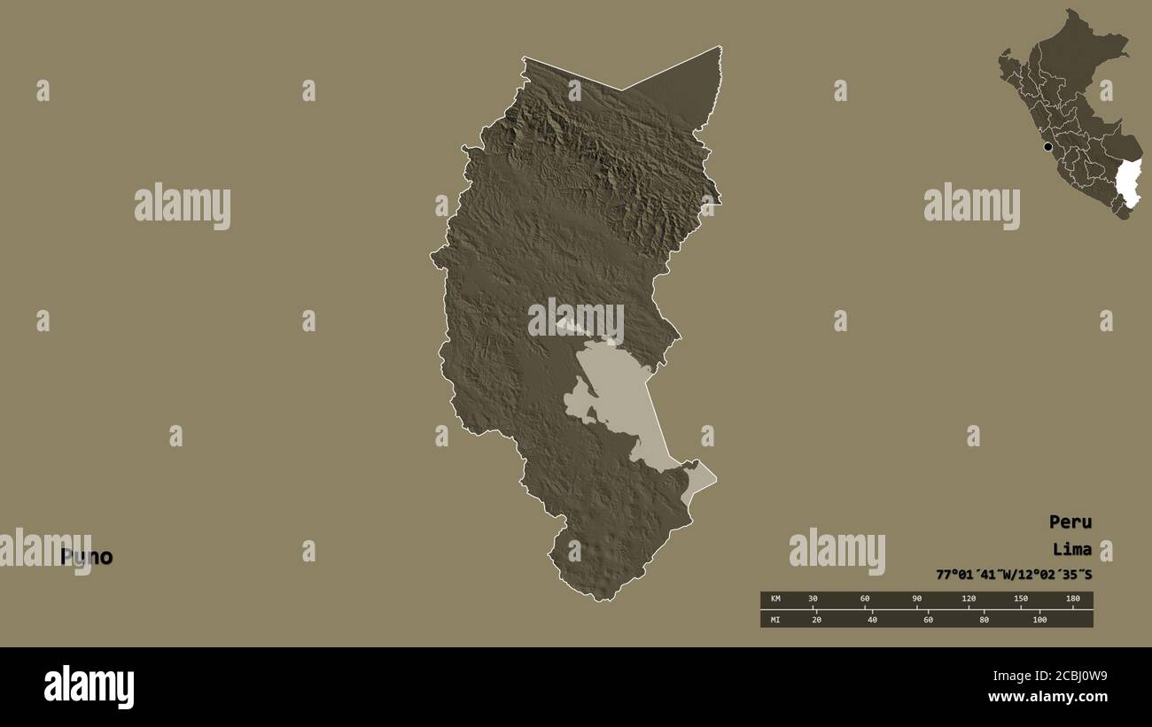 Shape of Puno, region of Peru, with its capital isolated on solid ...