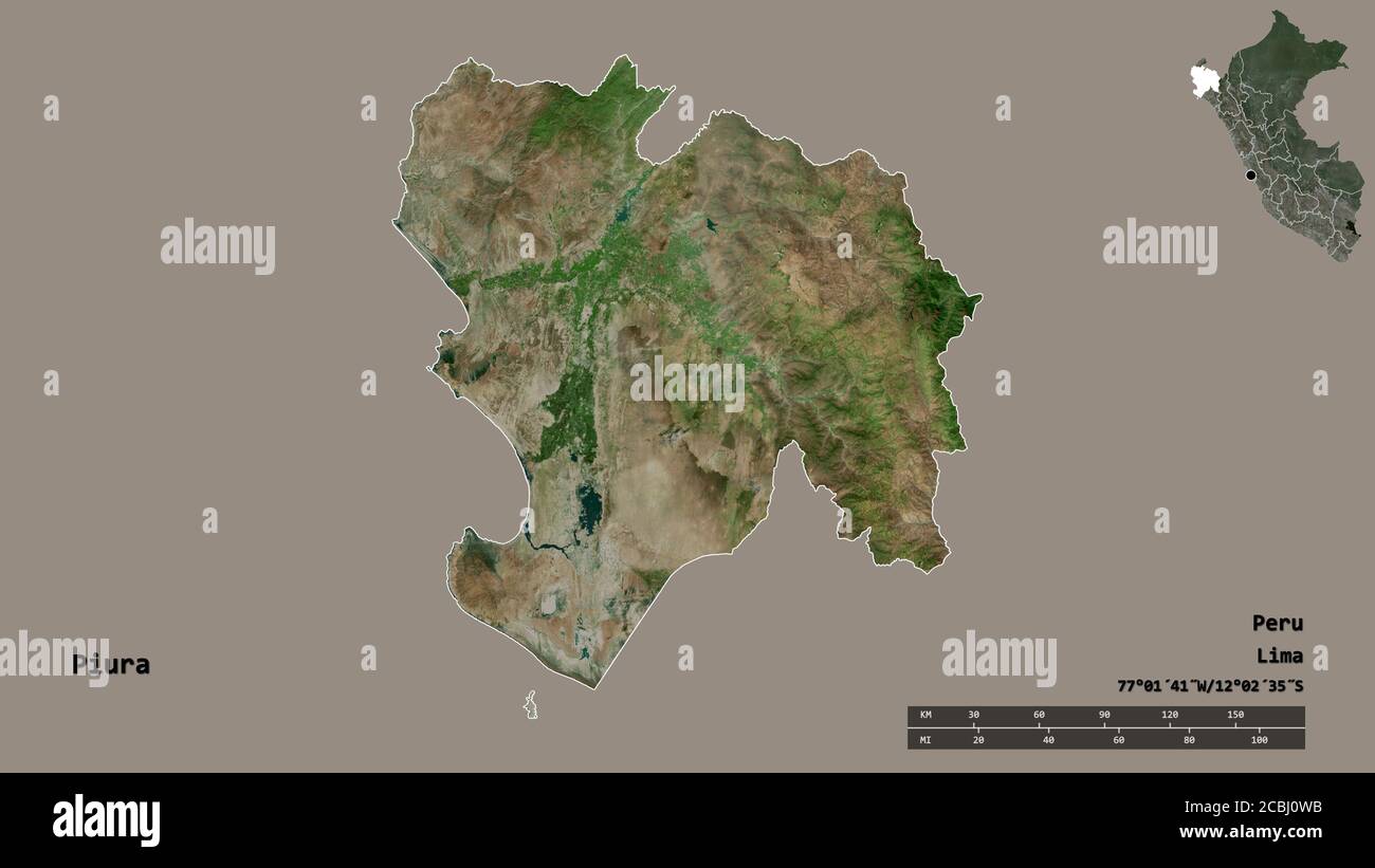 Shape of Piura, region of Peru, with its capital isolated on solid ...