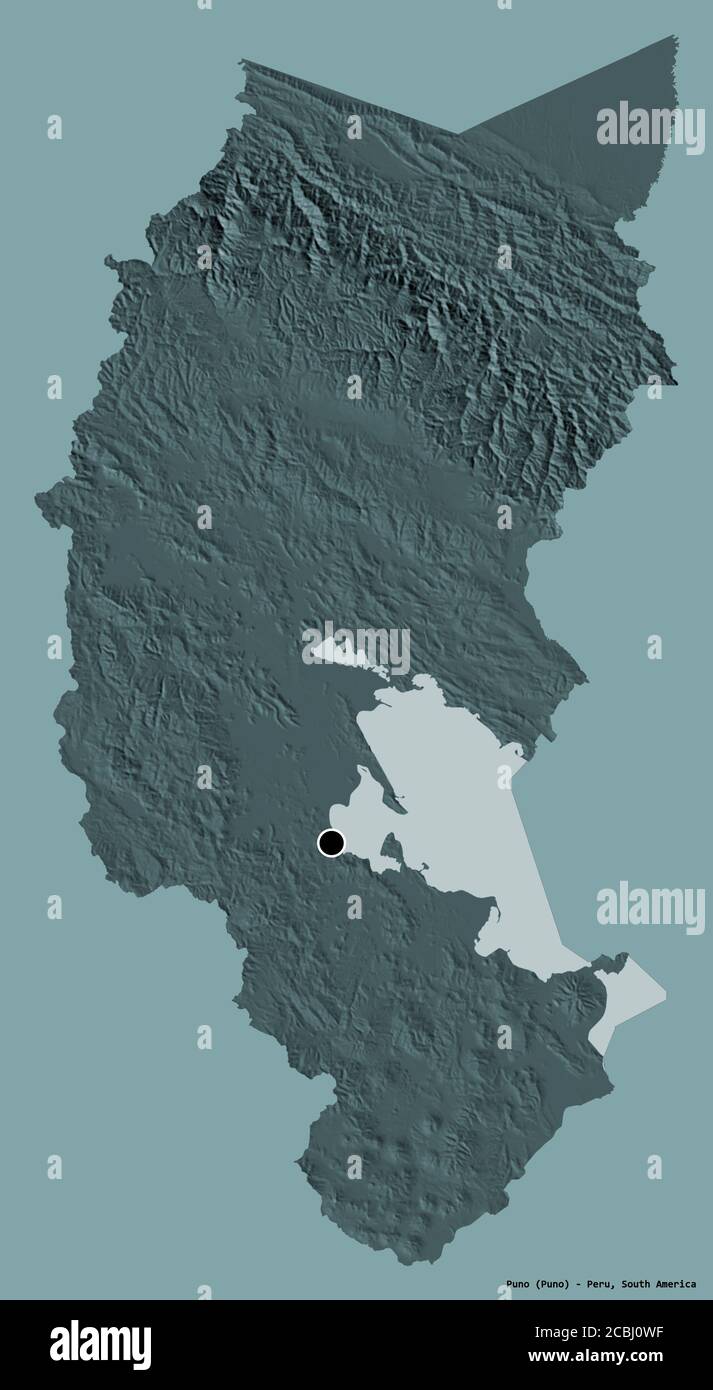 Shape of Puno, region of Peru, with its capital isolated on a solid ...