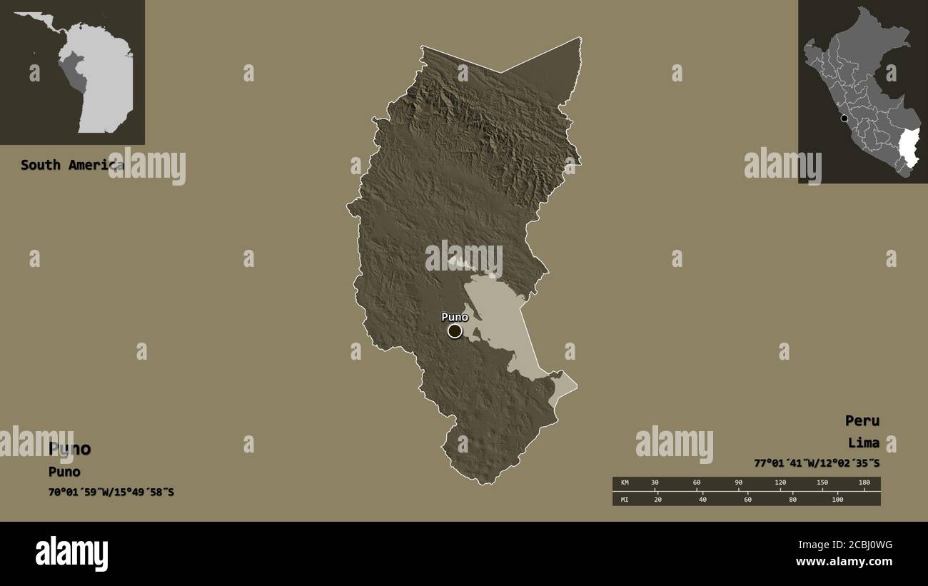 Shape of Puno, region of Peru, and its capital. Distance scale ...