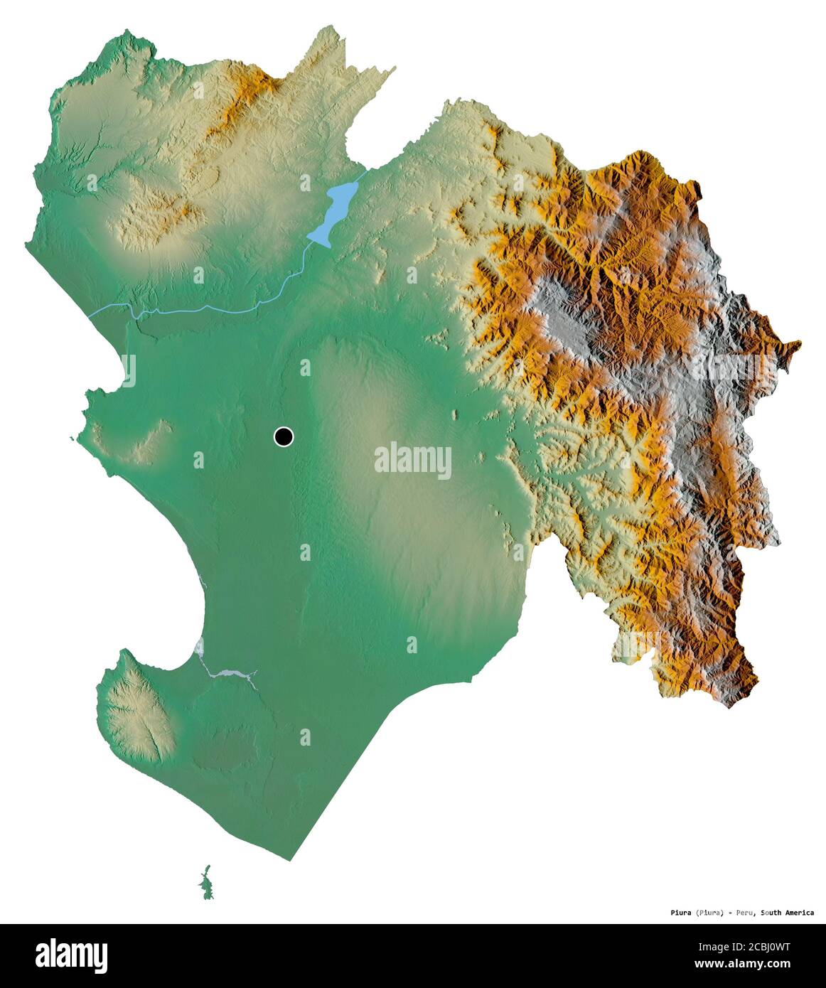 Shape of Piura, region of Peru, with its capital isolated on white ...