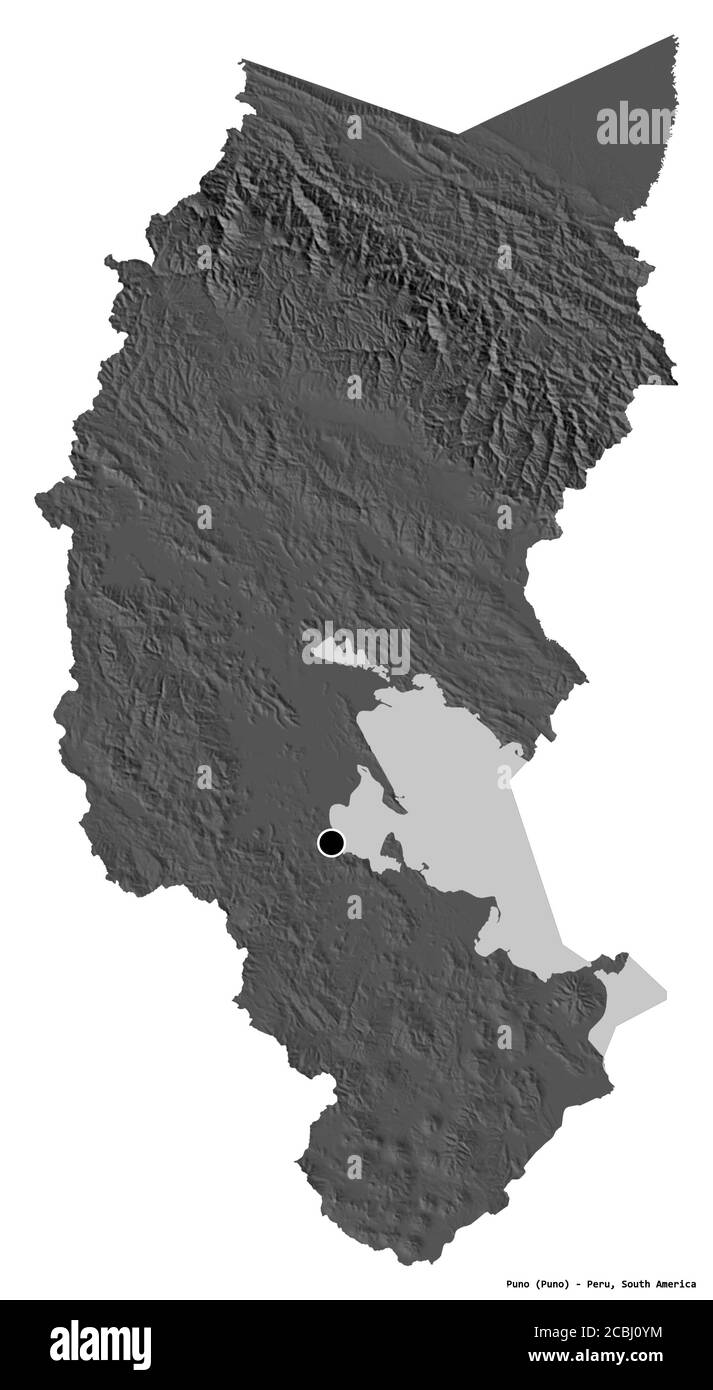 Shape of Puno, region of Peru, with its capital isolated on white ...