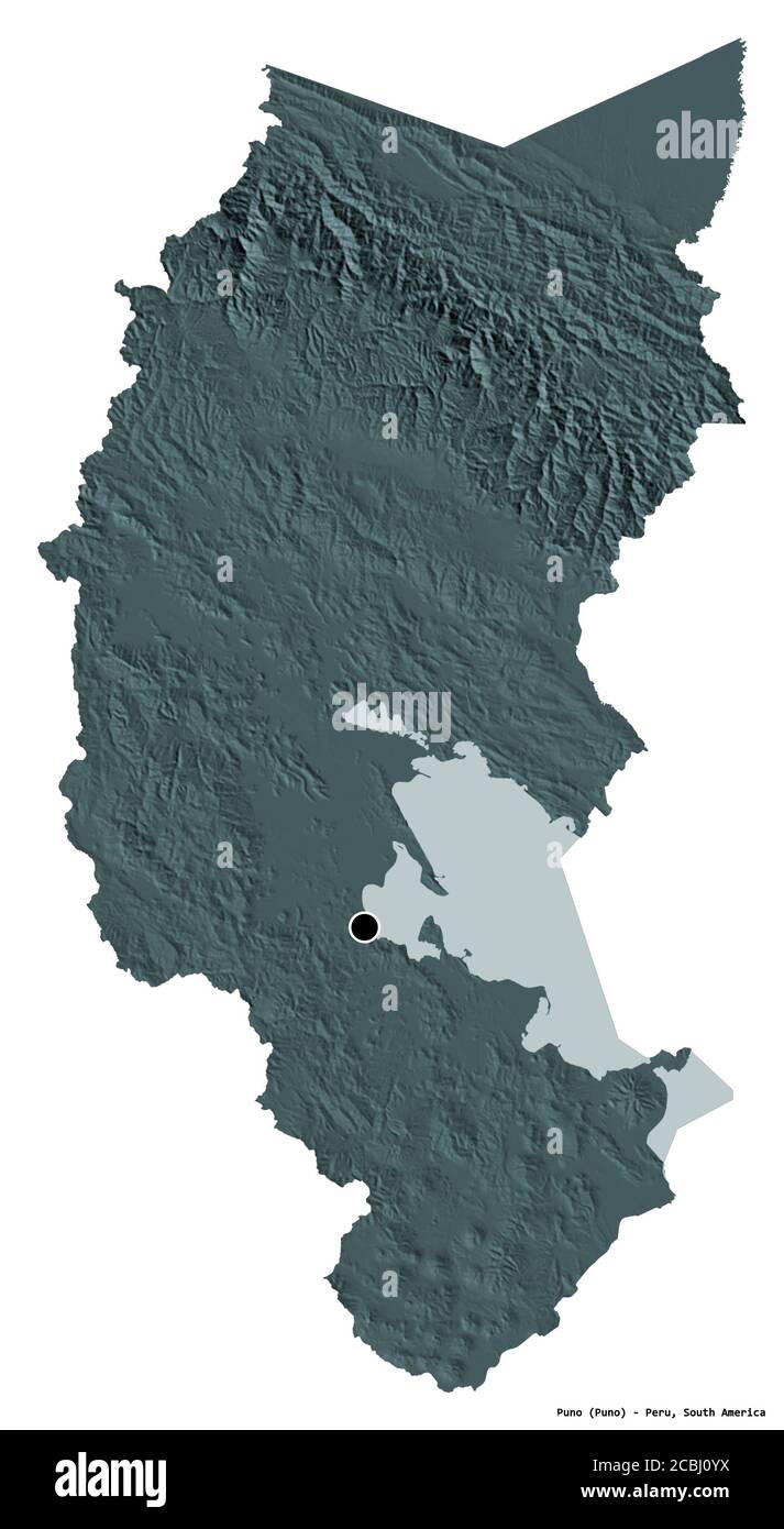 Shape of Puno, region of Peru, with its capital isolated on white ...